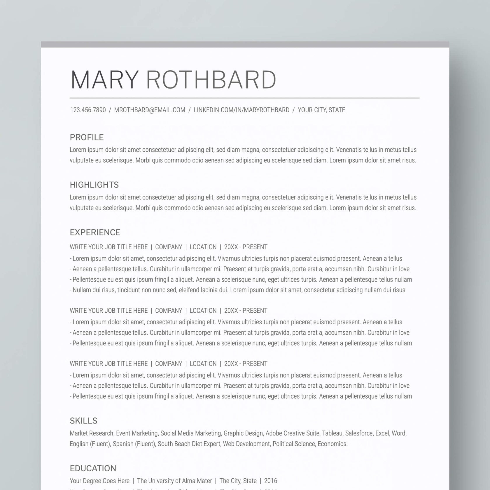 Google Docs Resume Template: Mary Rothbard by MioDocs